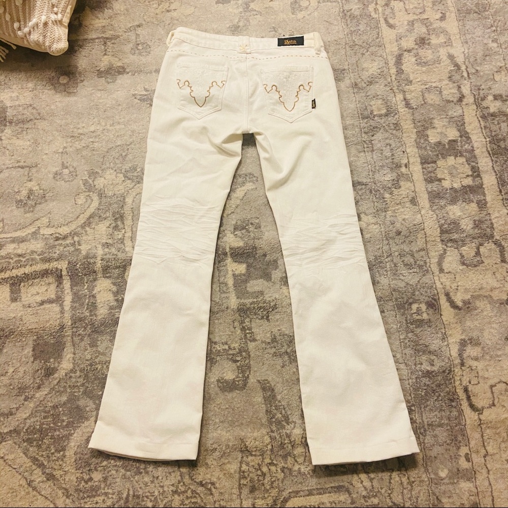 Rare! Antik Denim White Flared Jeans With Gold Foil S… - Gem